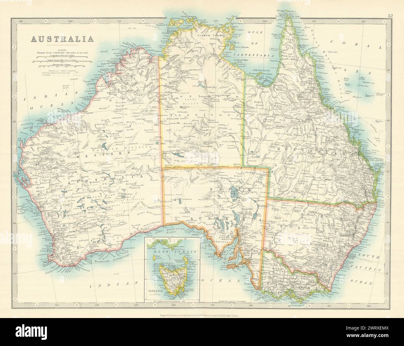 AUSTRALIA showing explorers' routes & goldfields. JOHNSTON 1913 map ...