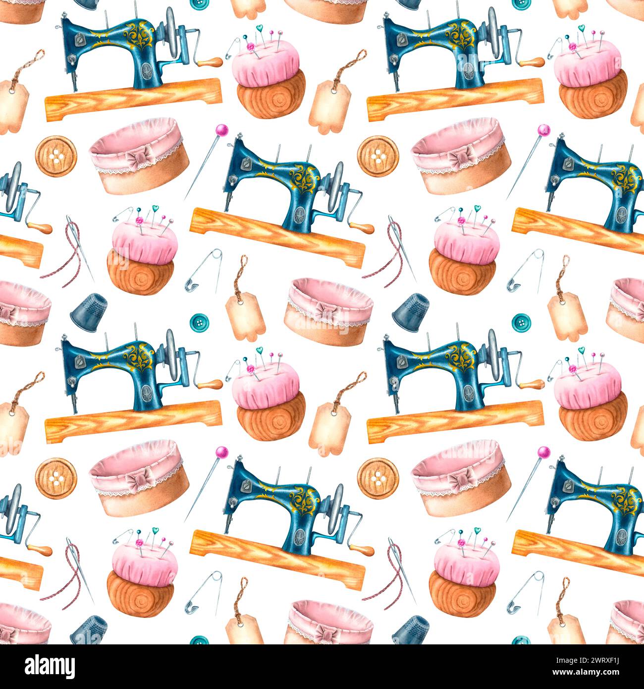 Seamless pattern with sewing machine, pincushion, safety pin, thimble ...