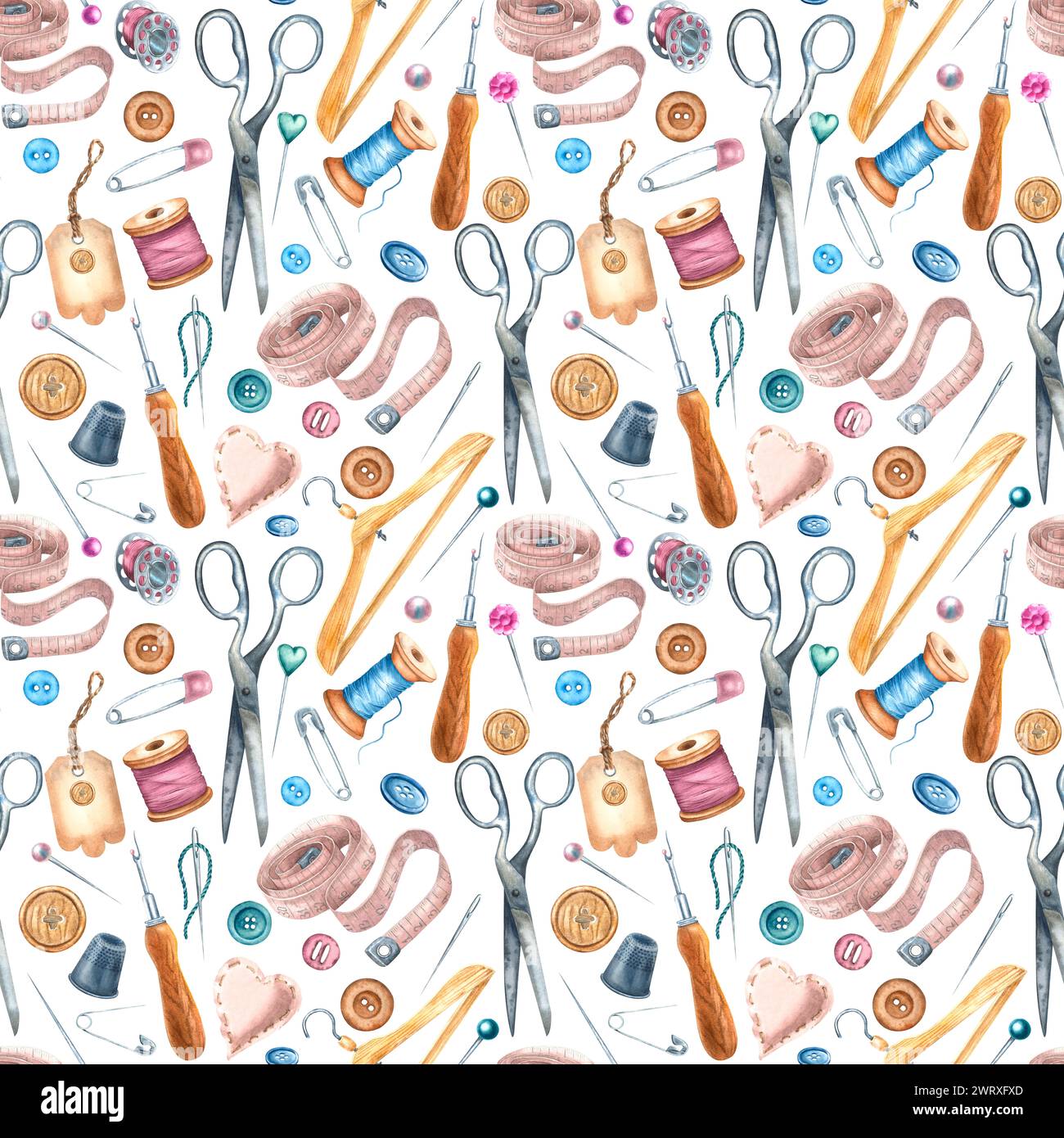 Seamless pattern with scissors, spools of threads, pins, tape measure ...