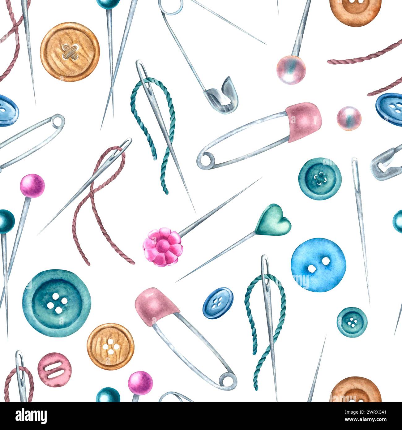 Watercolor hand drawn seamless pattern of buttons, needles and threads ...