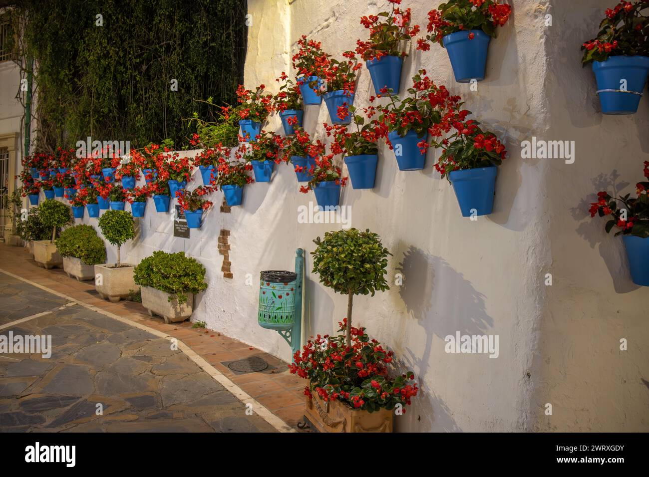 La fotografía muestra una pared pintada de blanco en Marbella, adornada ...