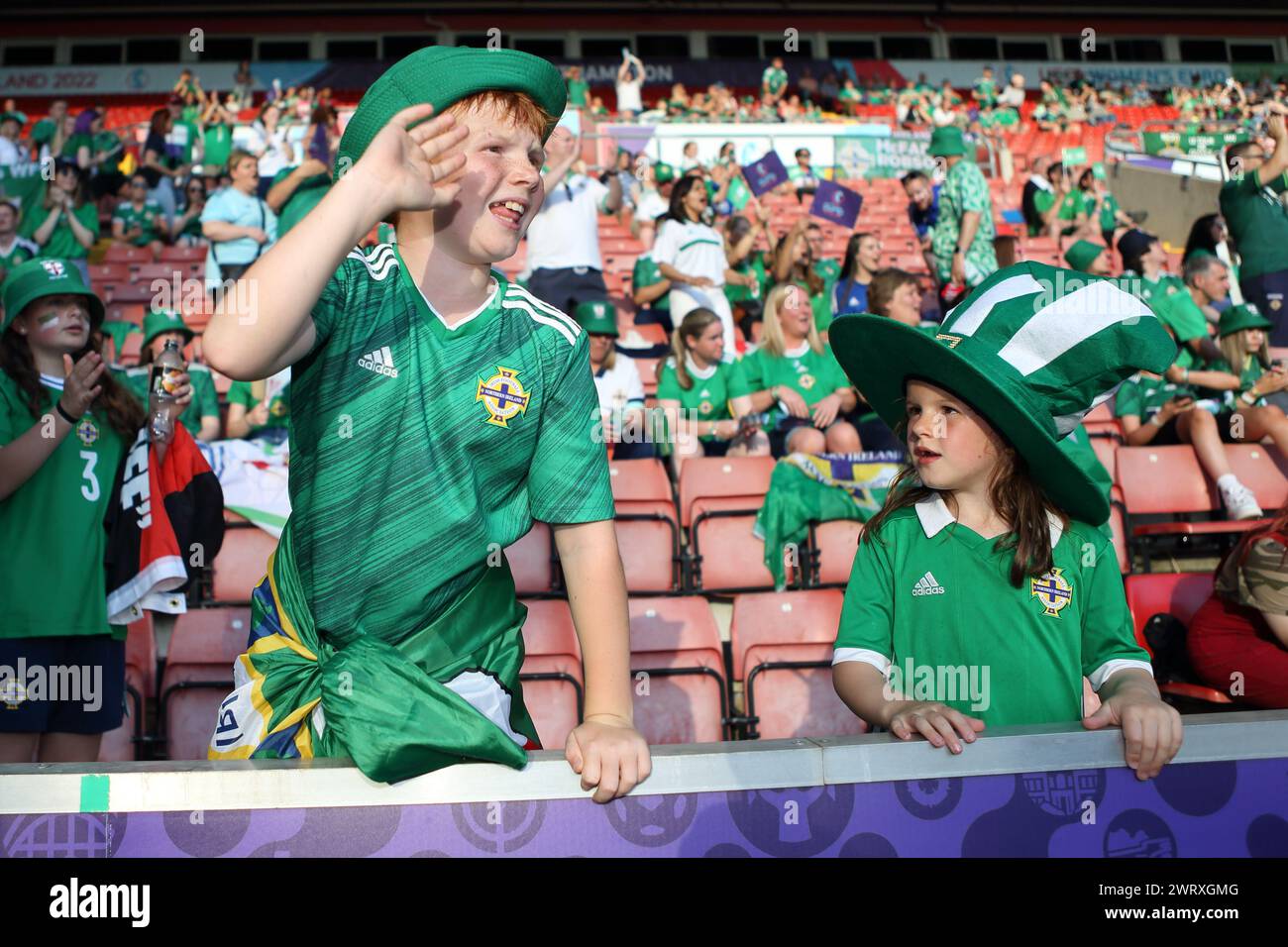 Boy and girl fans with team shirts and hats Northern Ireland v Norway ...