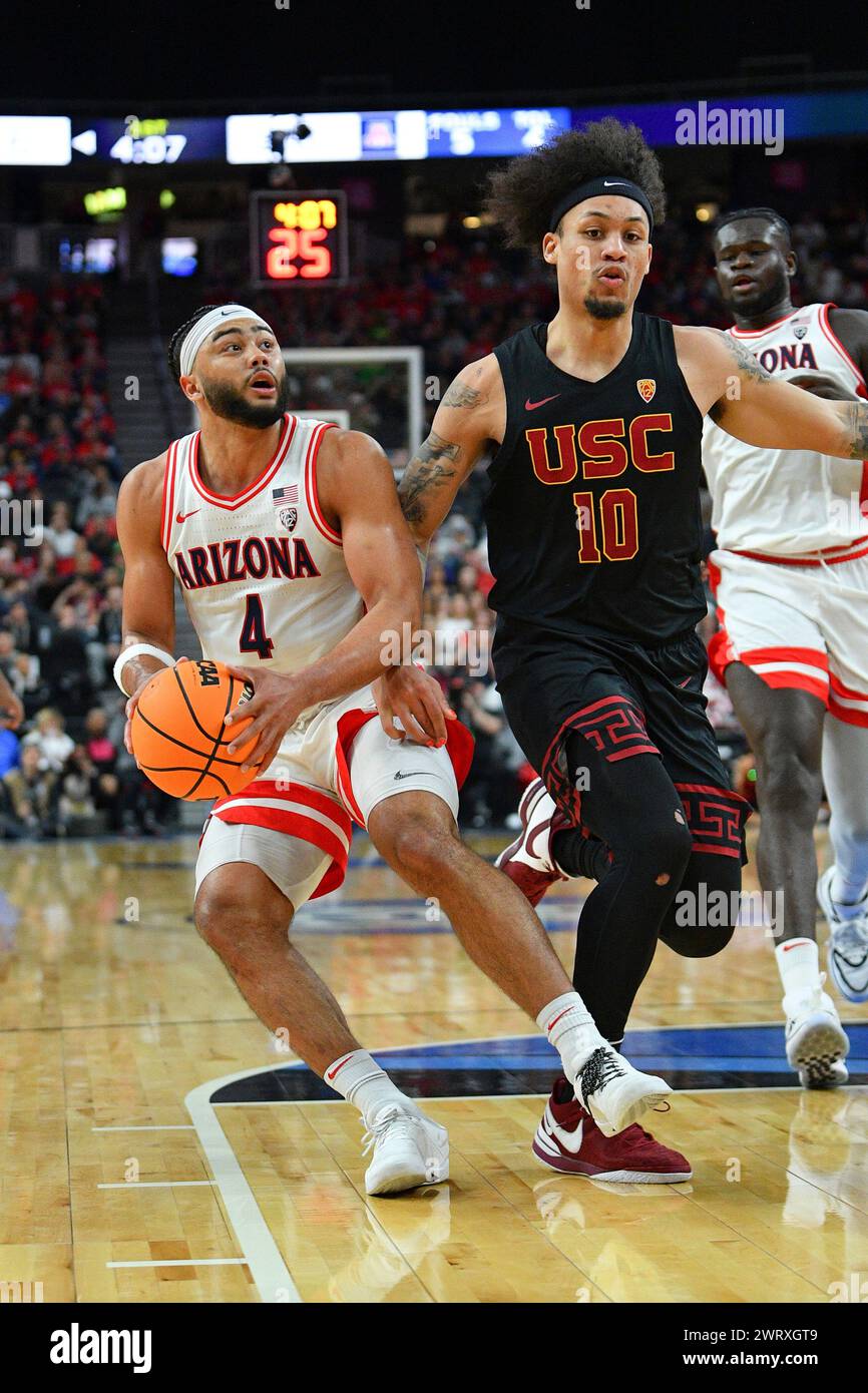 LAS VEGAS, NV - MARCH 14: Arizona Wildcats guard Kylan Boswell (4) drives to the basket against ...