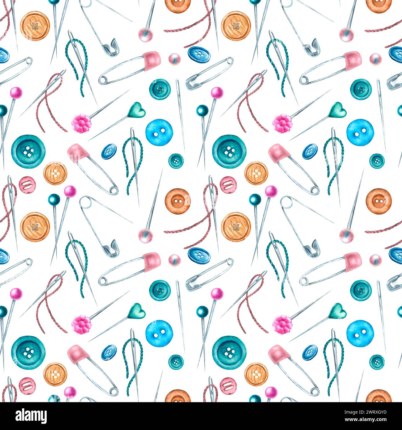 Watercolor hand drawn seamless pattern of buttons, needles and threads ...