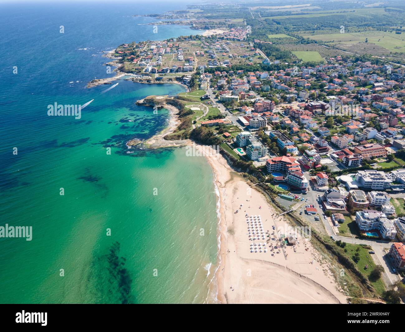 Aerial view of Black sea coast near village of Lozenets, Burgas Region ...
