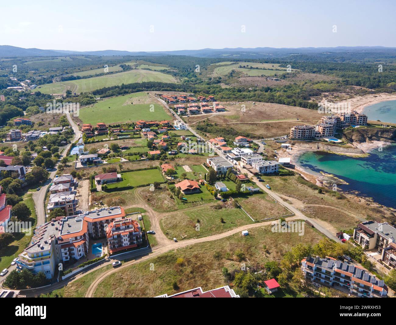 Aerial view of Black sea coast near village of Lozenets, Burgas Region ...