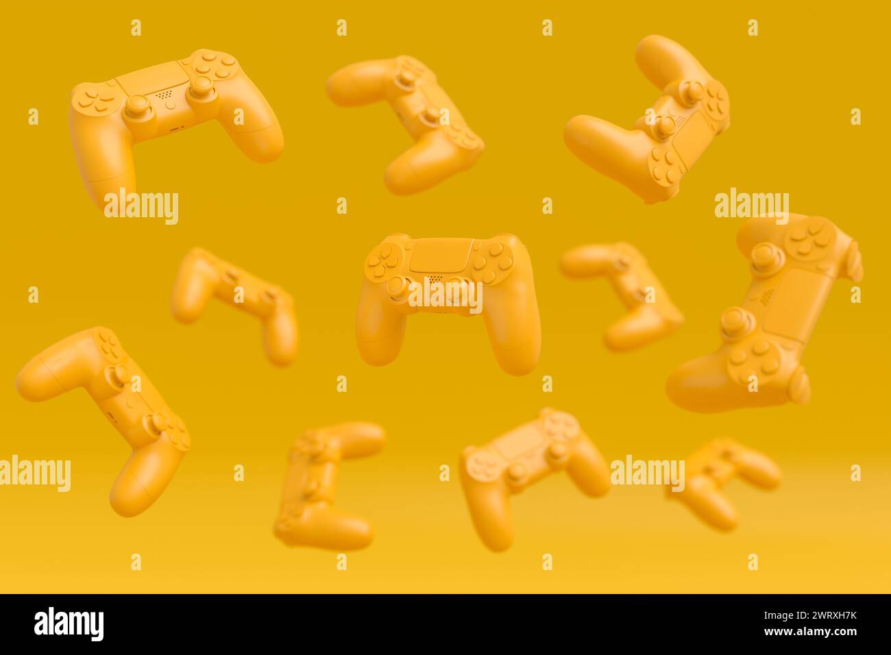 Set of flying gamer joysticks or gamepads on monochrome background. 3d ...