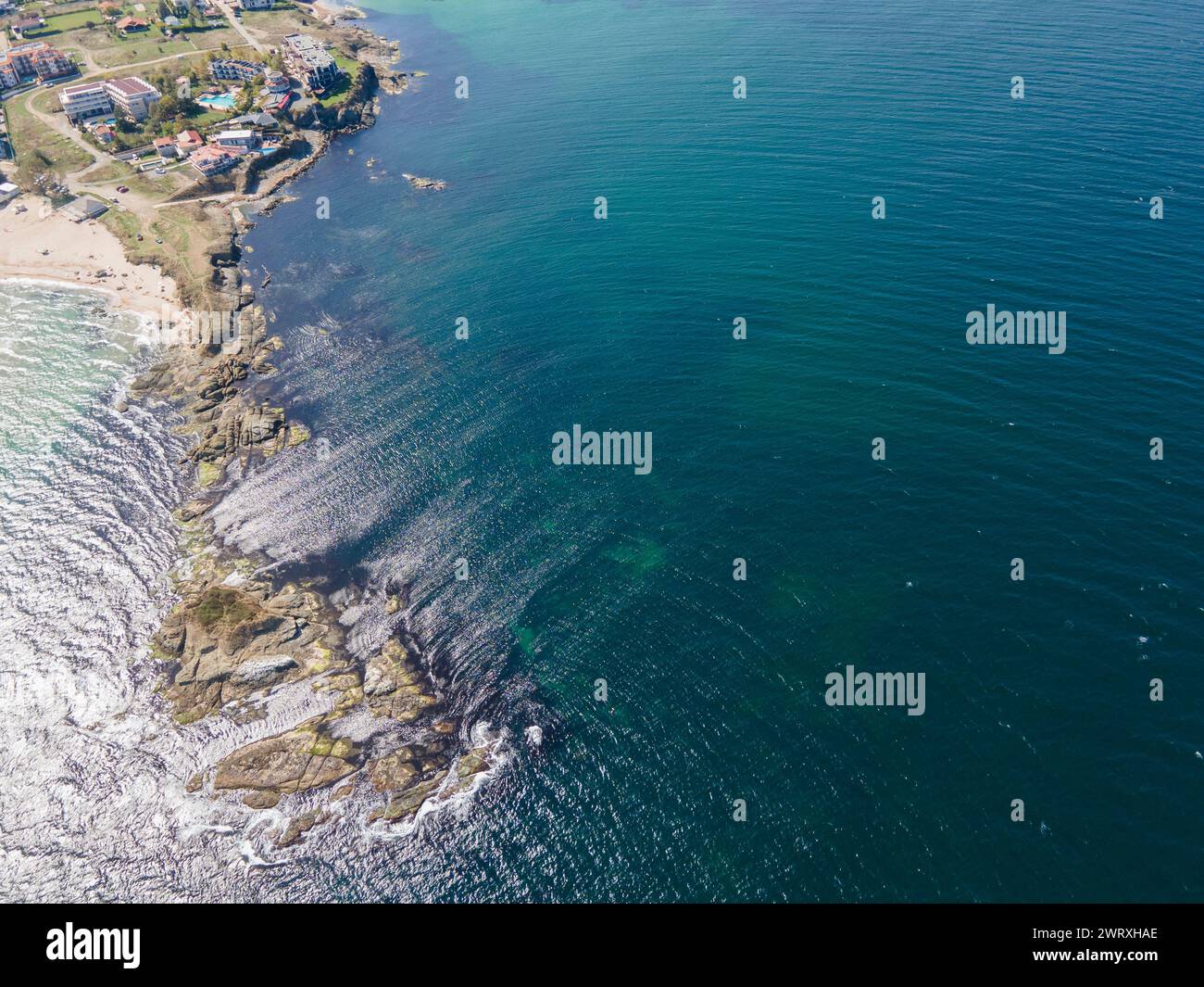 Aerial view of Black sea coast near village of Lozenets, Burgas Region ...