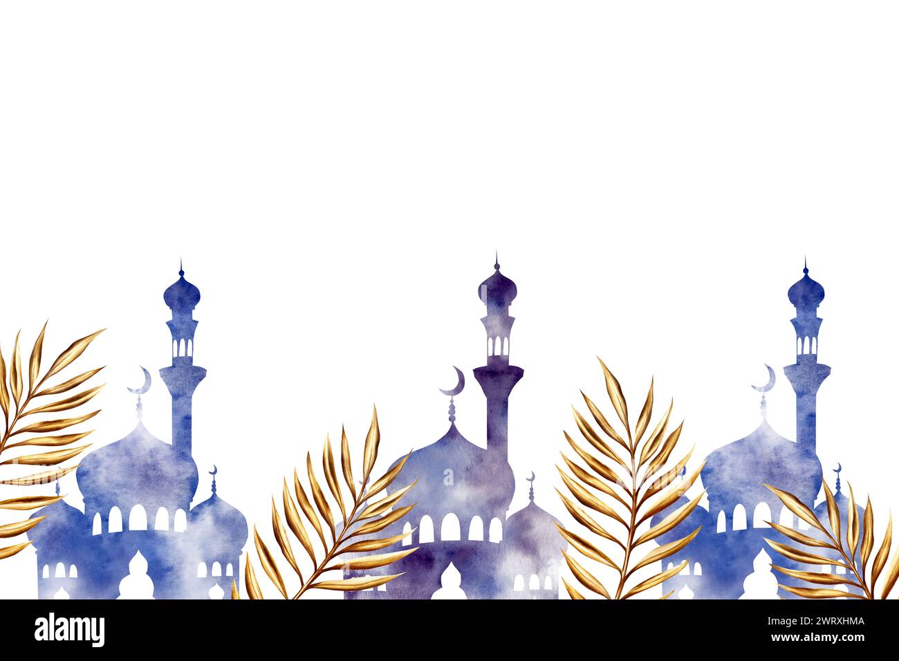 Watercolor banner with Islamic arabian illustrations, golden date palm ...