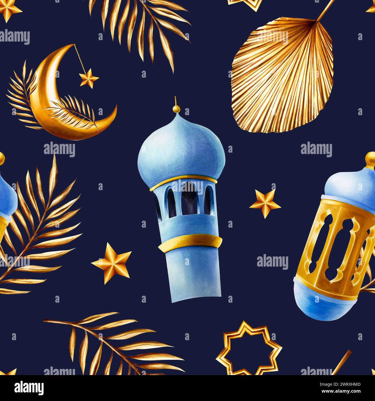 Watercolor seamless pattern with Islamic arabian golden crescent moon ...