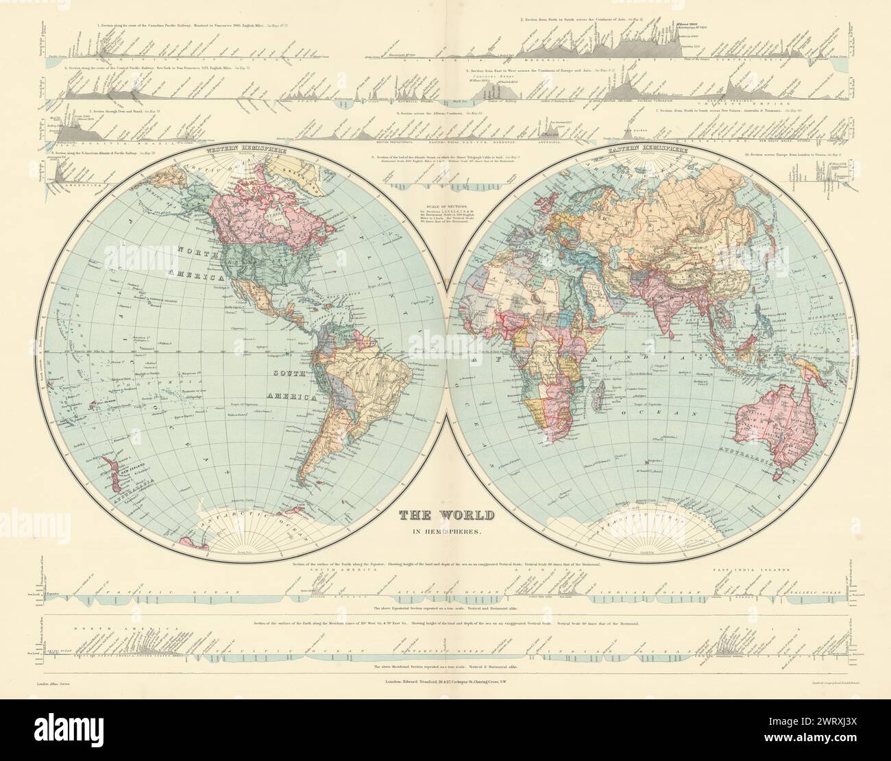 World In Hemispheres with Continental sections. Large 61x49cm. STANFORD ...