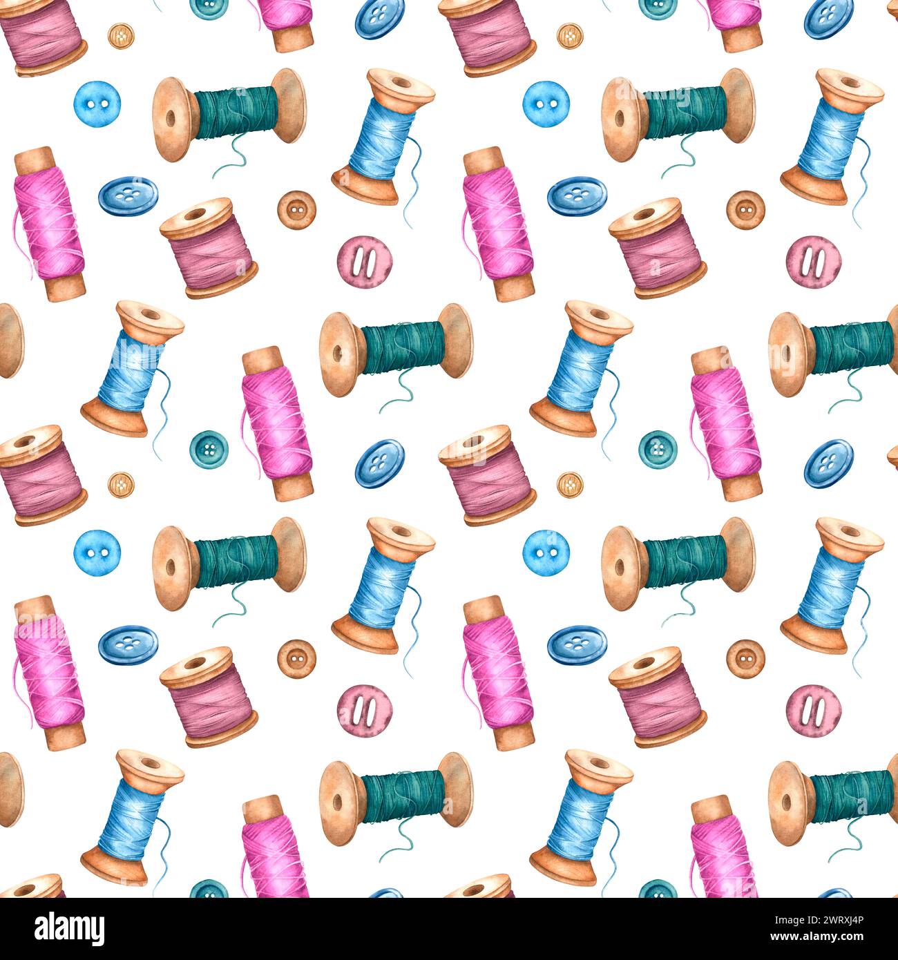 Seamless Watercolor Surface Pattern Of Spools Of Sewing Thread And