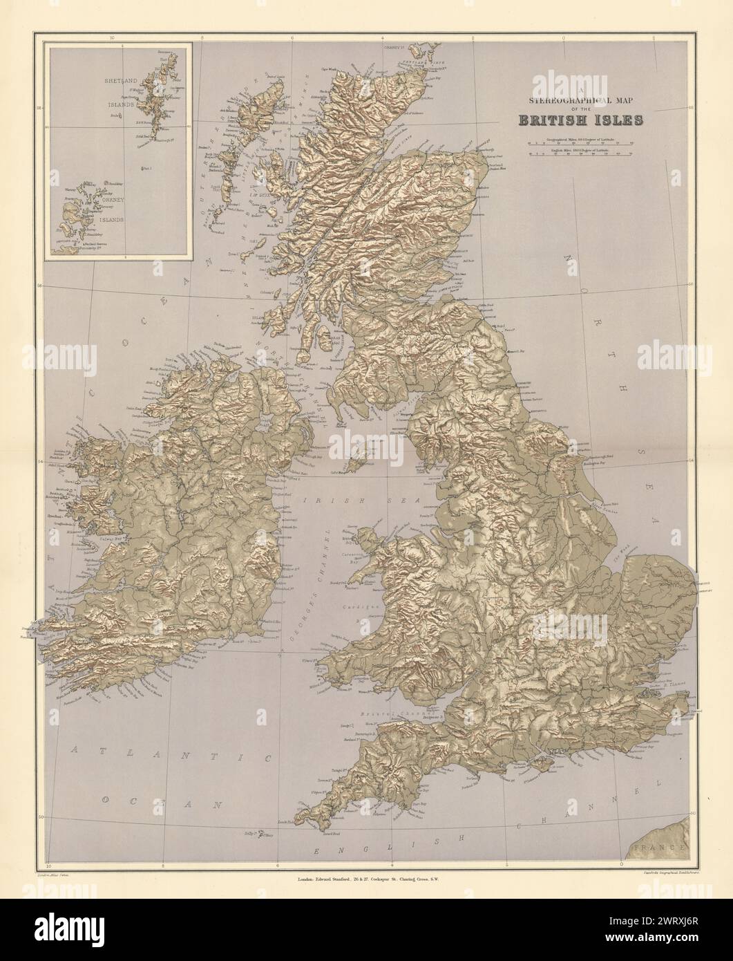 British Isles Stereographical. Mountains rivers. Large 65x52cm STANFORD ...