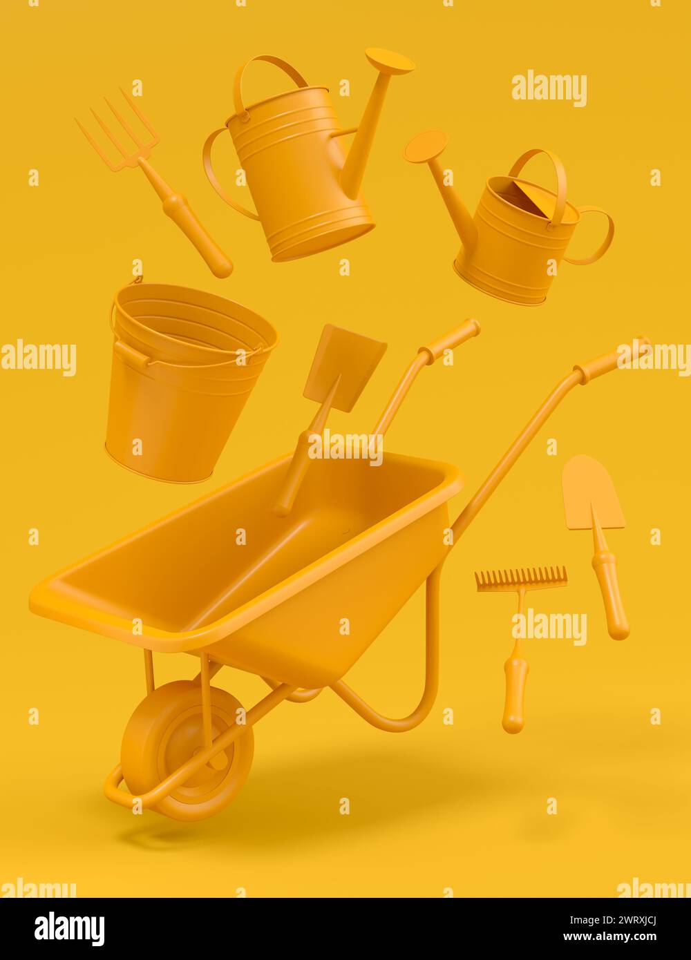 Garden wheelbarrow with garden tools like shovel, rake and fork on ...