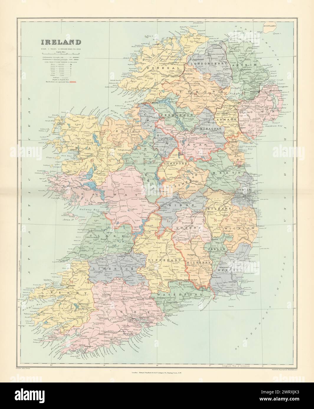 Ireland. Counties, railways & provinces. Large 64x52cm. STANFORD 1896 ...