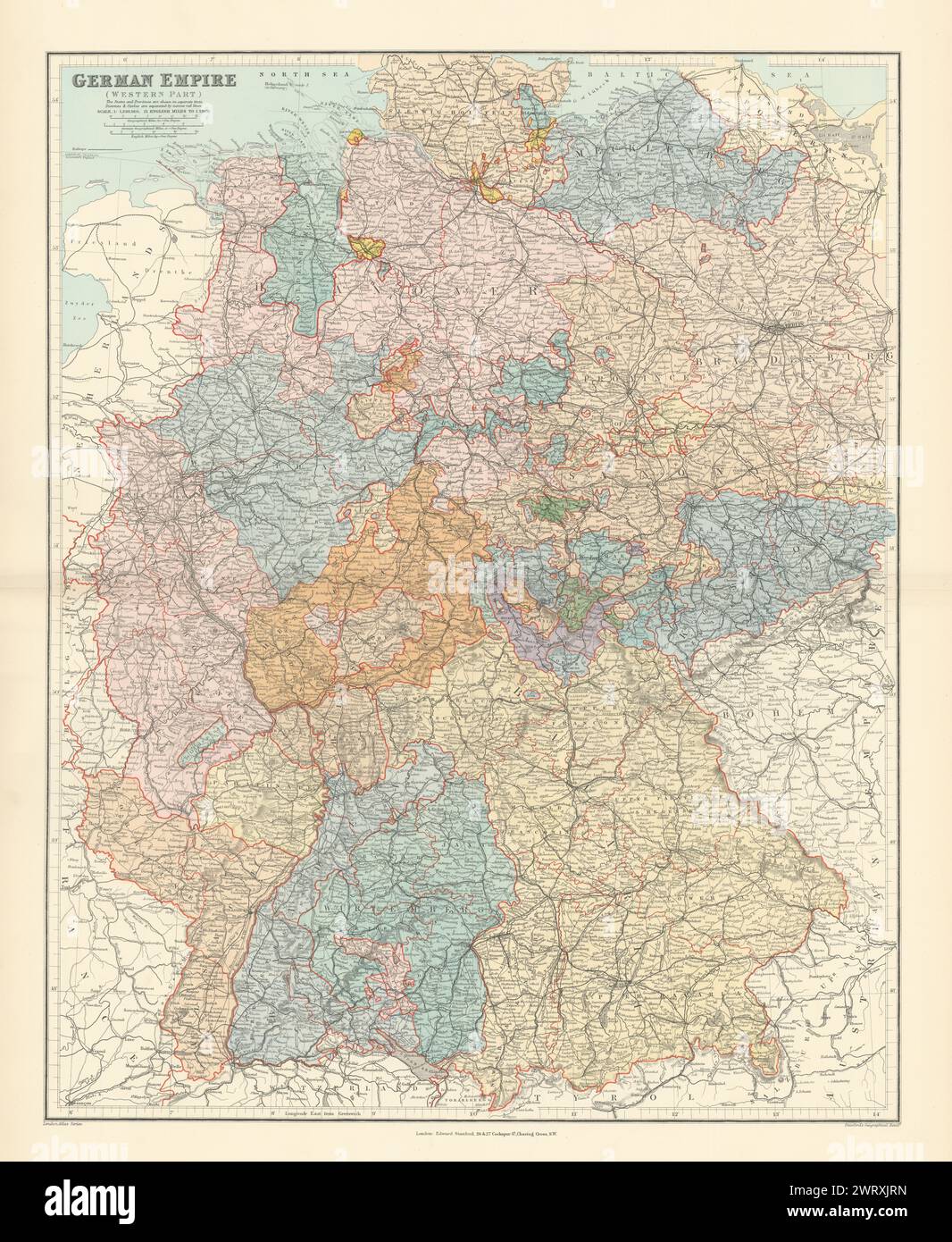 German Empire west. Germany w/ Alsace Lorraine. 65x52cm. STANFORD 1896 ...