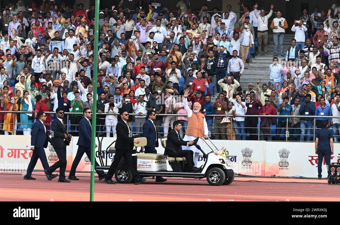 NEW DELHI, INDIA - MARCH 14: Prime Minister Narendra Modi waves to the ...