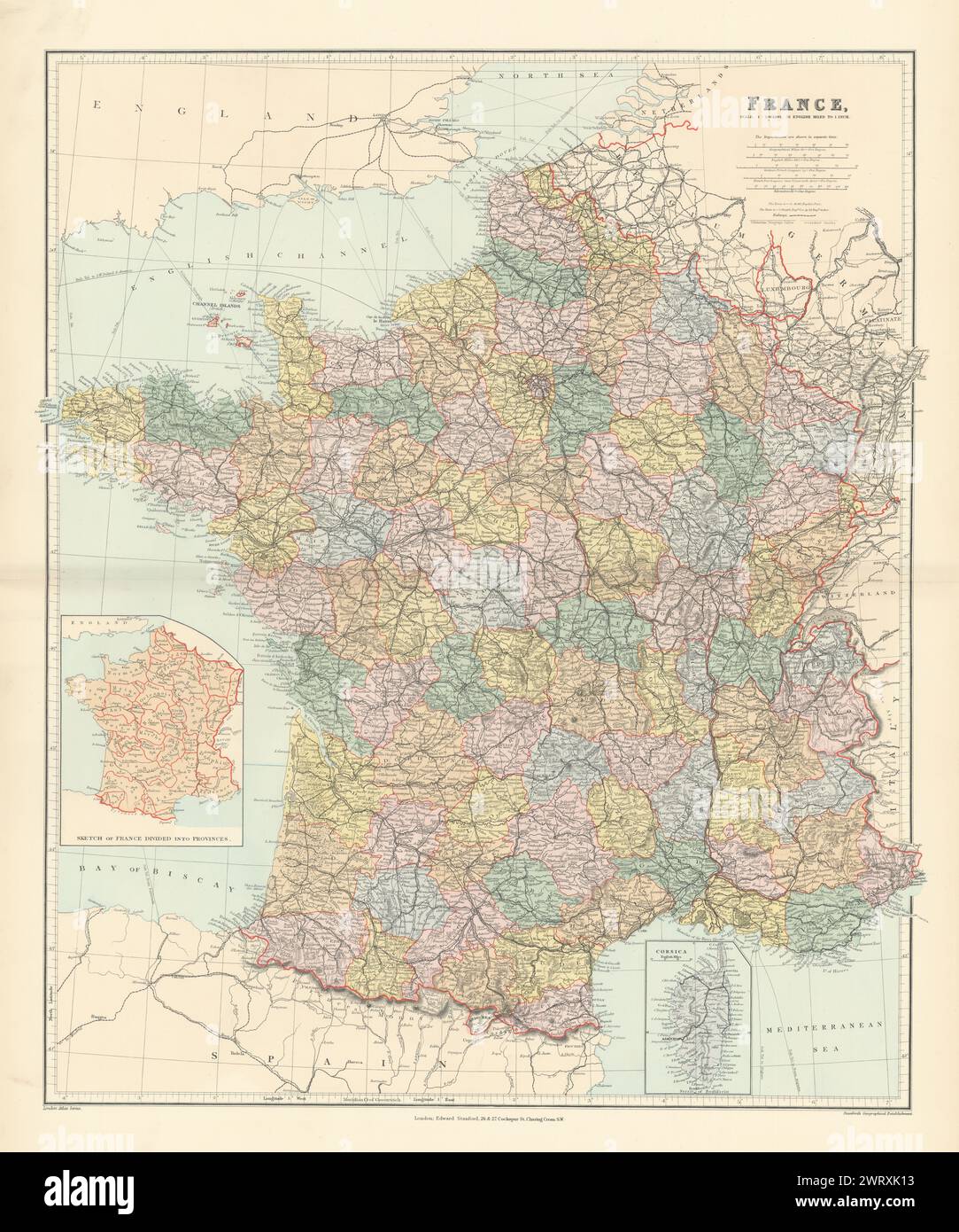 France in departements without Alsace Lorraine. Large 65x54cm. STANFORD ...