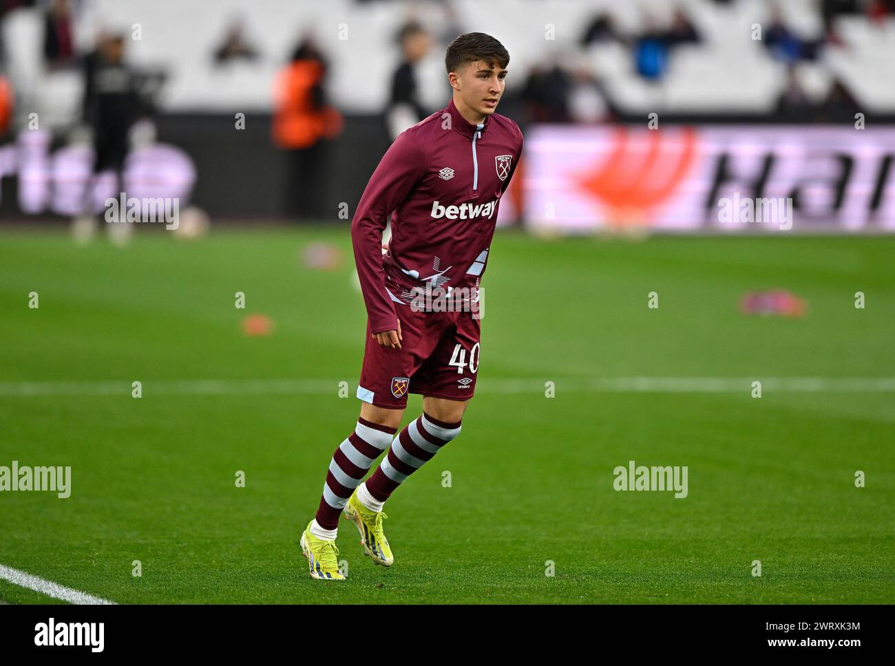 London, UK. 14th Mar, 2024. George Earthy (West Ham) in the warm up ...