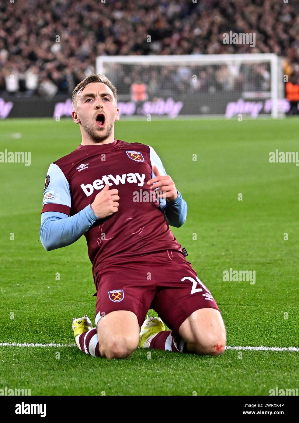 London, UK. 14th Mar, 2024. GOAL. Jarrod Bowen (West Ham) celebrates ...