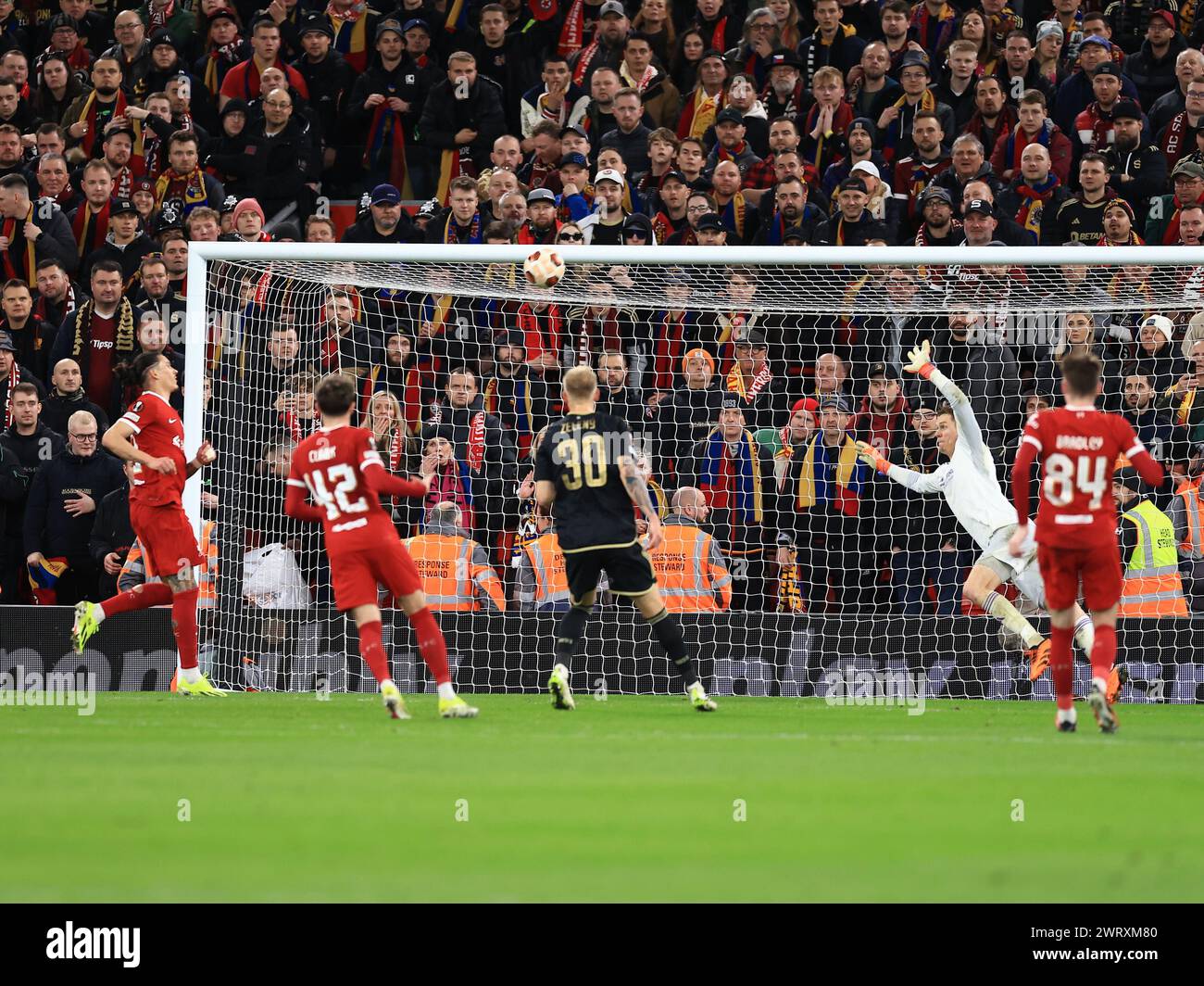 Liverpool, UK. 14th Mar, 2024. Darwin Nunez of Liverpool puts his shot ...