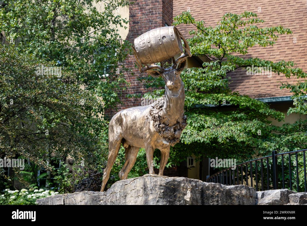 New Glarus Brewing Co. deer statue with barrel on antlers in Wisconsin ...