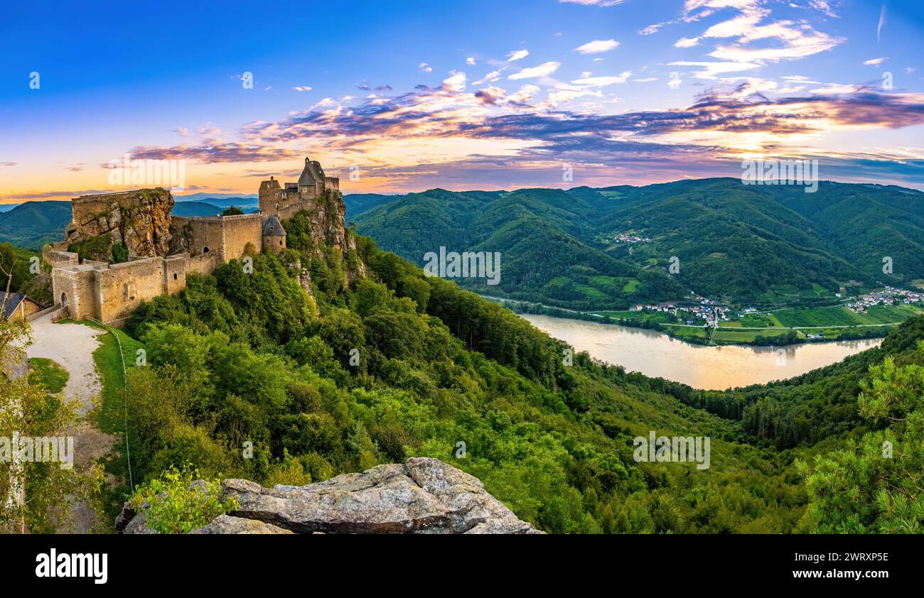 Wachau valley and Danube river. Aggstein medieval castle. Austrian ...