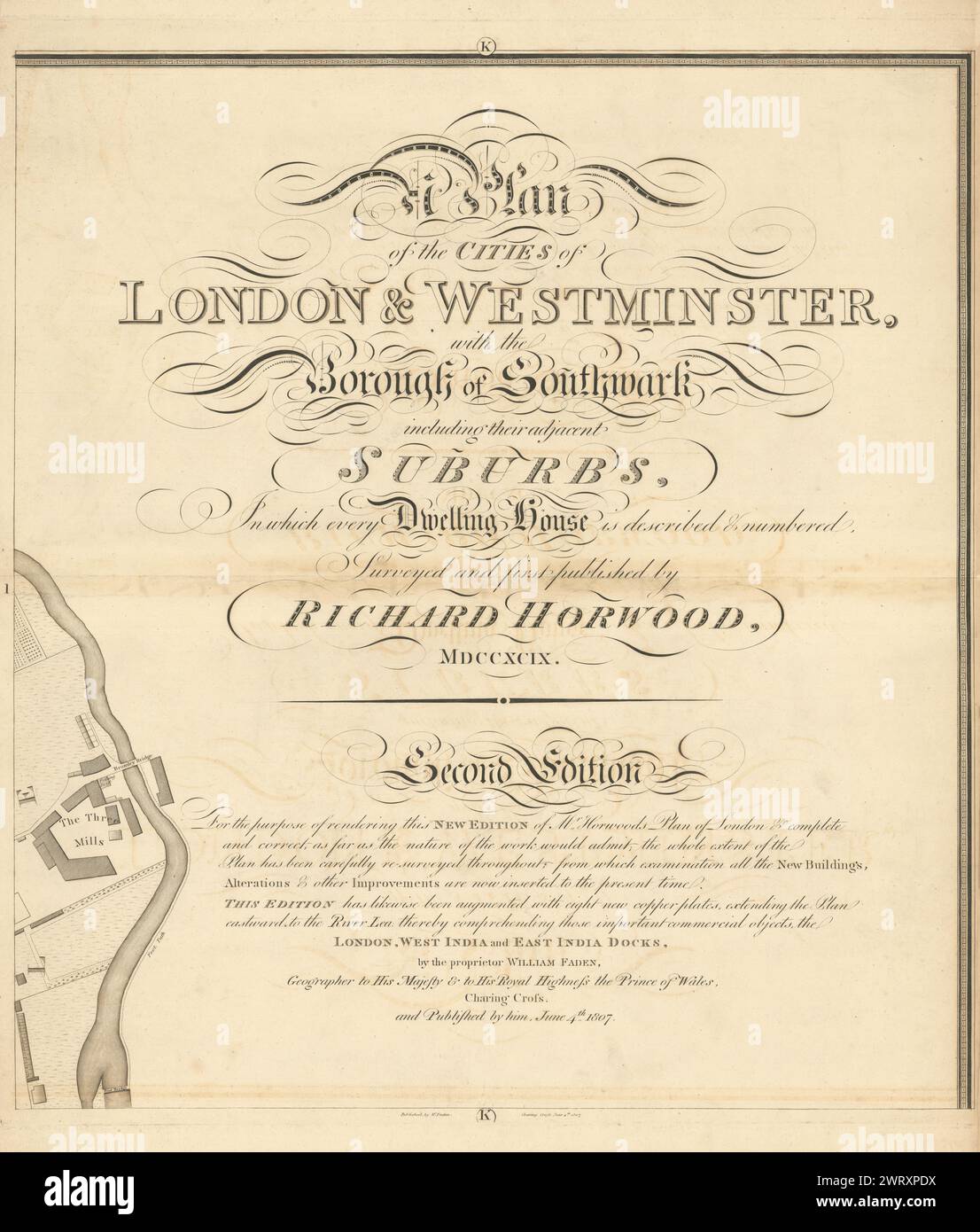 Horwood/Faden London K1 Title sheet Three Mills Bromley-by-Bow 1807 old ...
