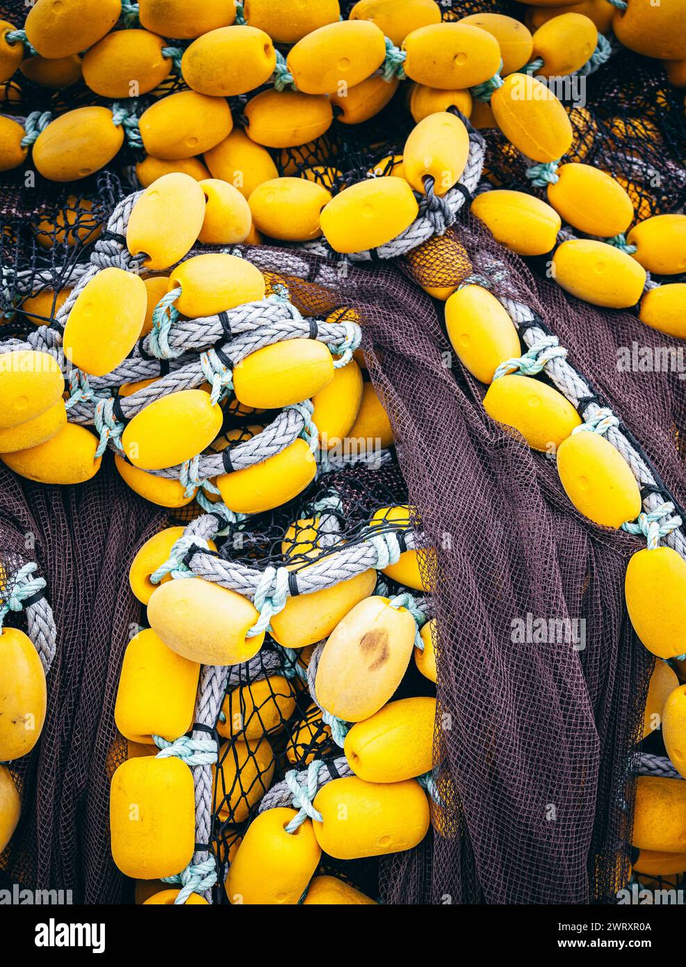 Vivid yellow floats entangled in traditional fishing nets, captured at ...