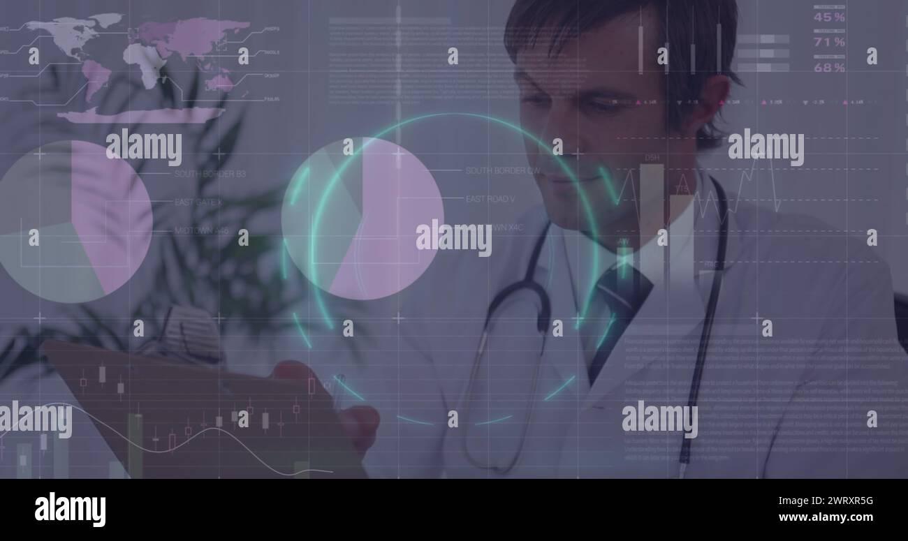 Image of data processing and shapes over caucasian male doctor with ...