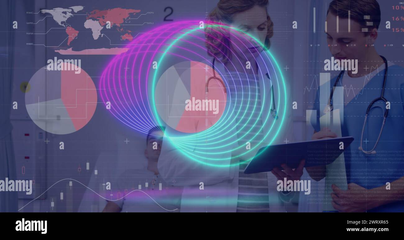 Image of data processing and shapes over caucasian doctors talking ...