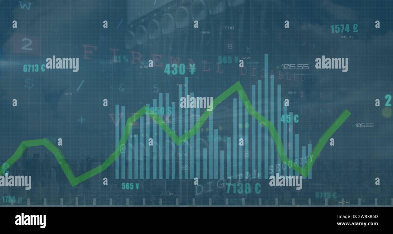 Image of graphs and cybercrime warning text with data processing over ...