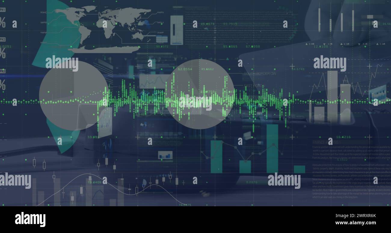 Image of graphs and charts processing data over hand holding credit ...