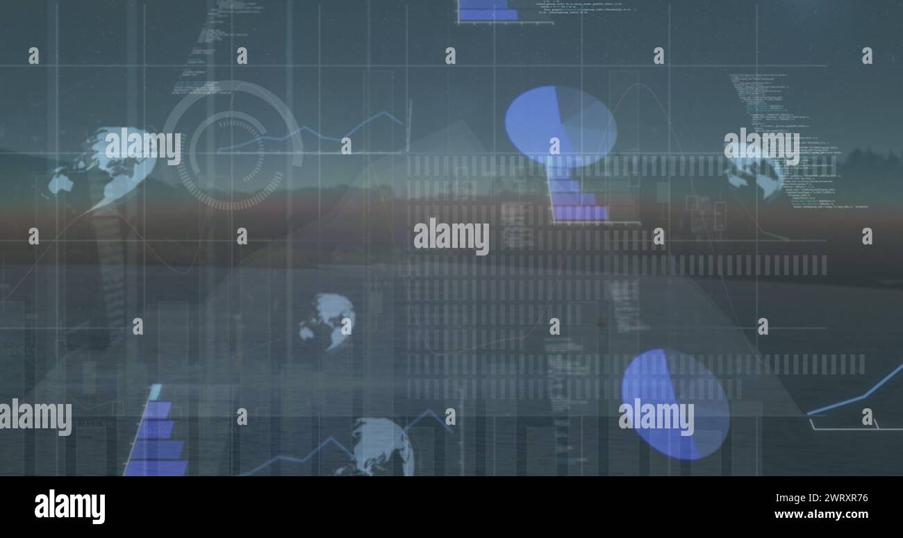 Image of globes, graphs and charts processing data over countryside ...