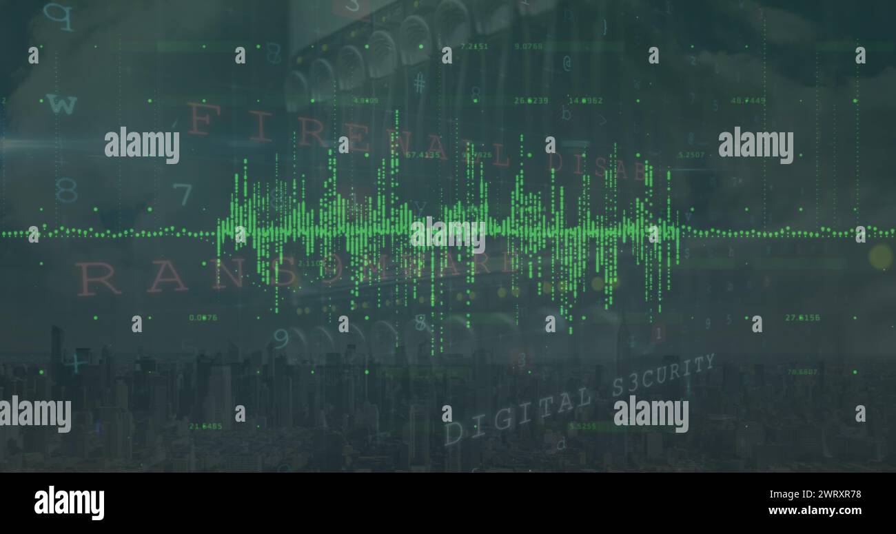 Image of green graph with cybercrime text and data processing over ...