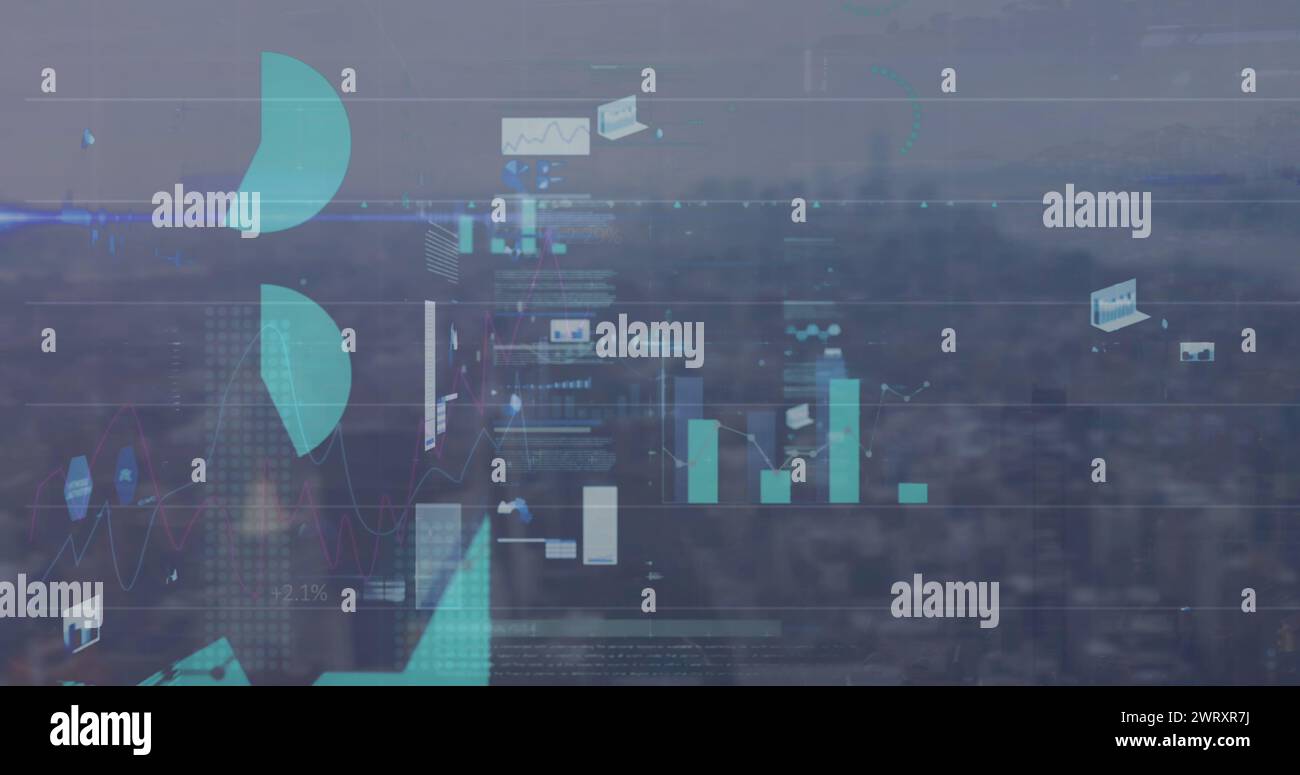 Image of graphs and charts processing data over modern cityscape Stock ...