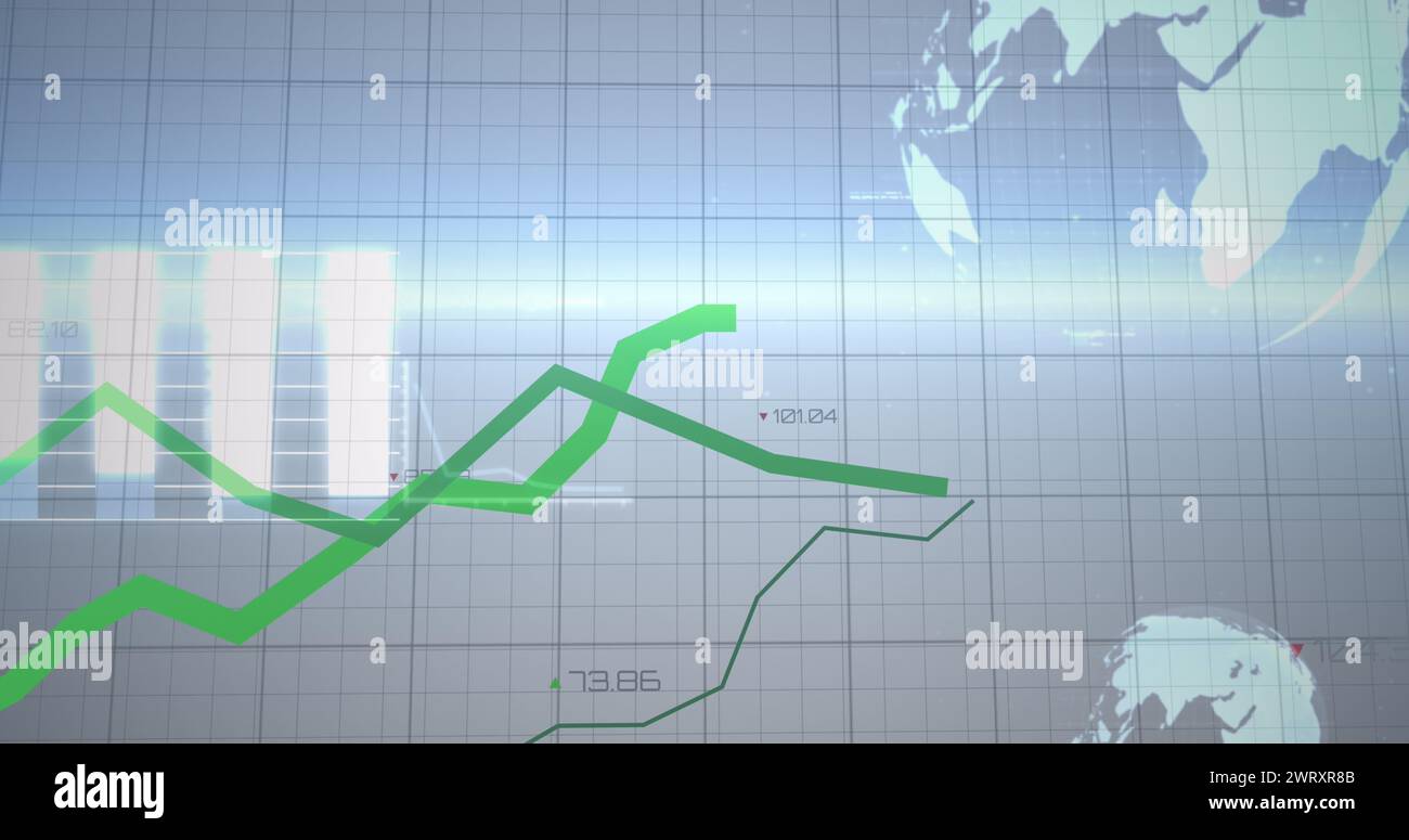 Image of globes, graphs and charts processing data on blue sky and ...