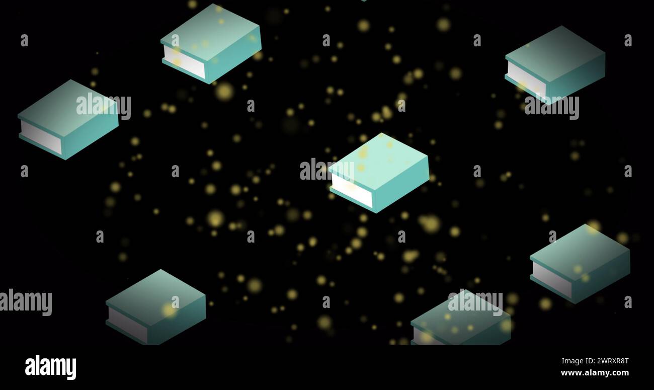 Image of glowing spots over blue books on black background ...