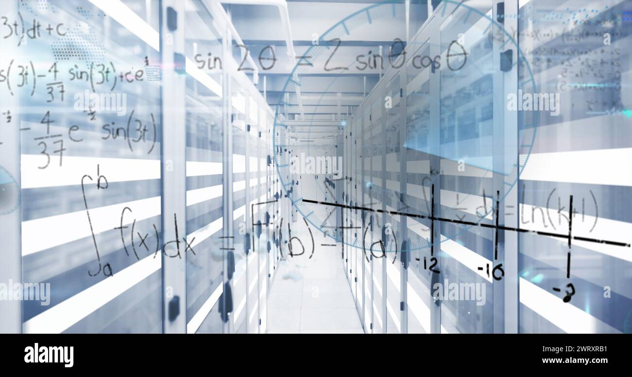 Image of mathematical equations, infographic interface, illuminated ...