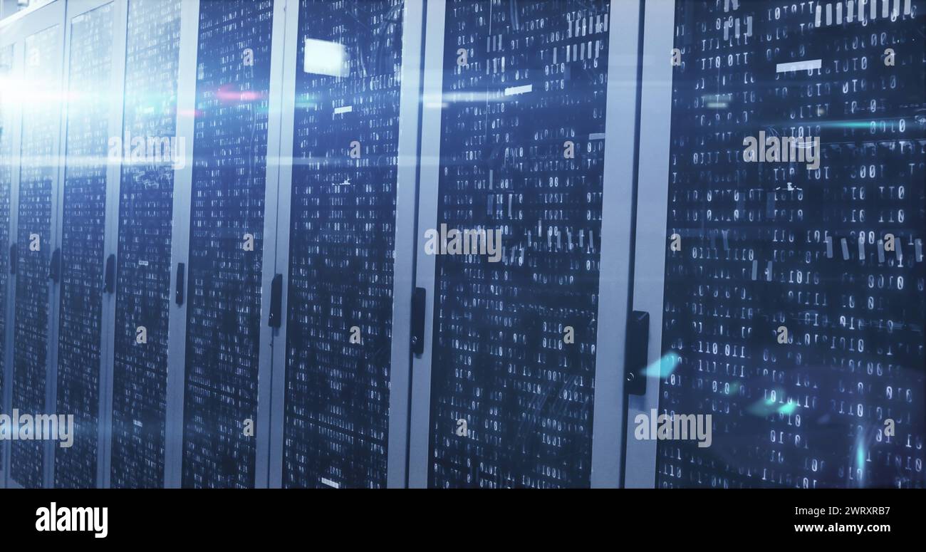 Image of radars, infographic interface and lens flare over server room ...