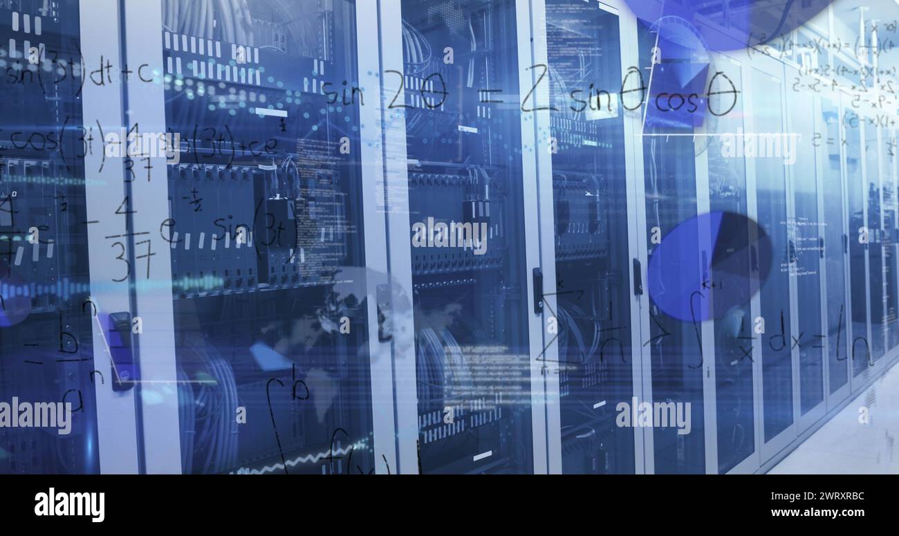 Image of mathematical equations, infographic interface and lens flare ...