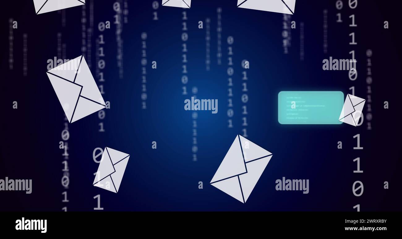 Image of binary coding, envelope icons and data processing Stock Photo - Alamy
