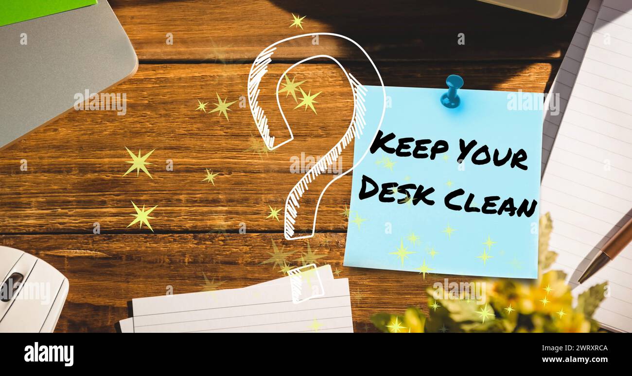 Image of question mark and keep your desk clean text over school items ...