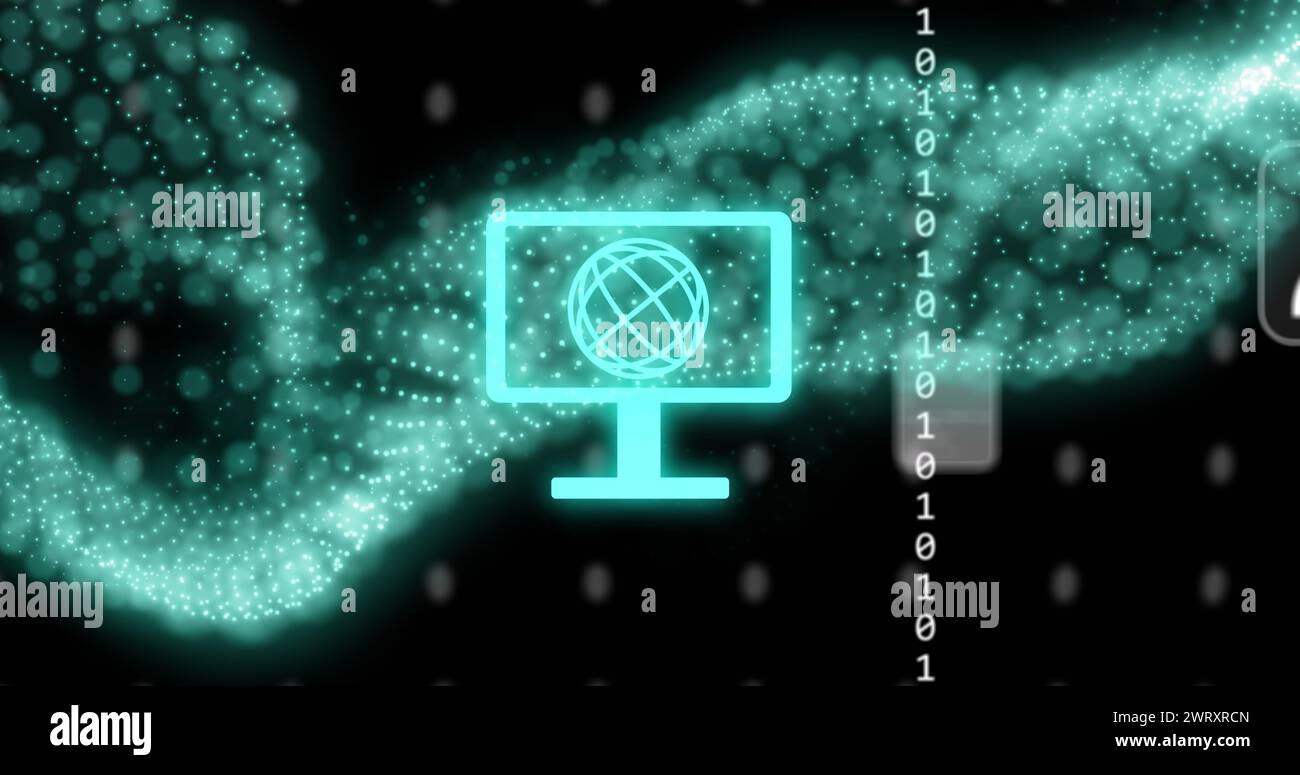 Image of digital icons and data processing with green mesh over black ...