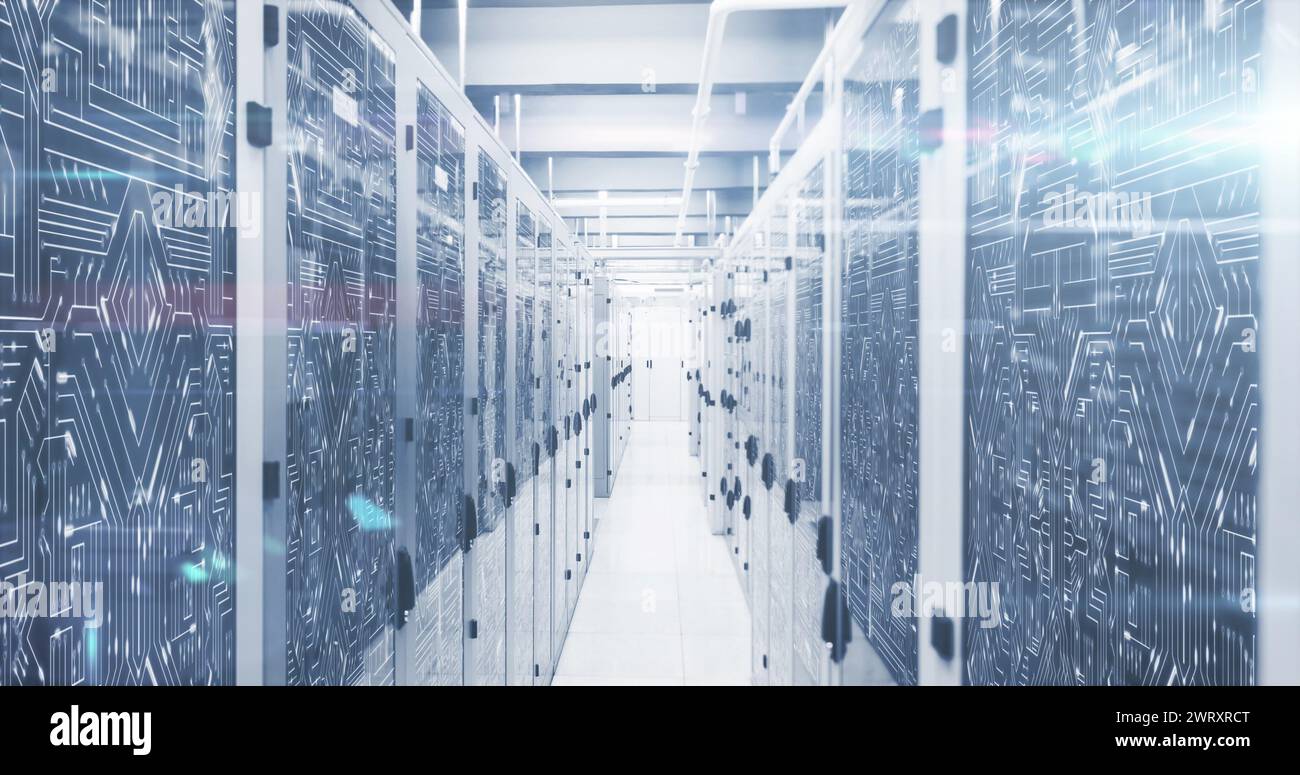 Image of circuit board pattern, infographic interface and lens flare ...