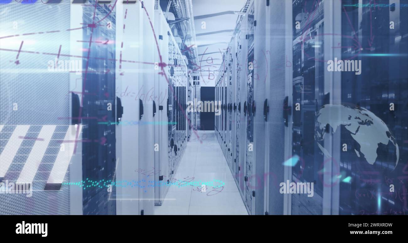 Image of infographic interface and lens flare over server room in ...