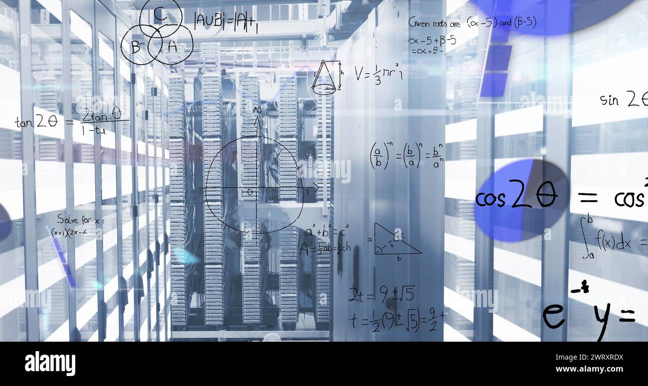 Image of mathematical equations, infographic interface and lens flare ...