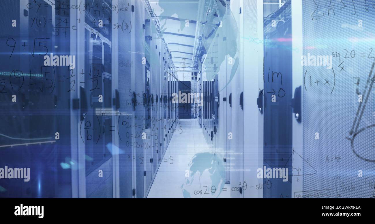Image of data processing, mathematical equations over computer servers. Global computing and ...