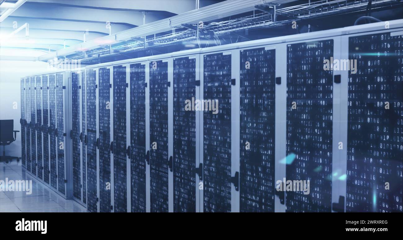 Image of infographic interface and lens flare over server room in ...