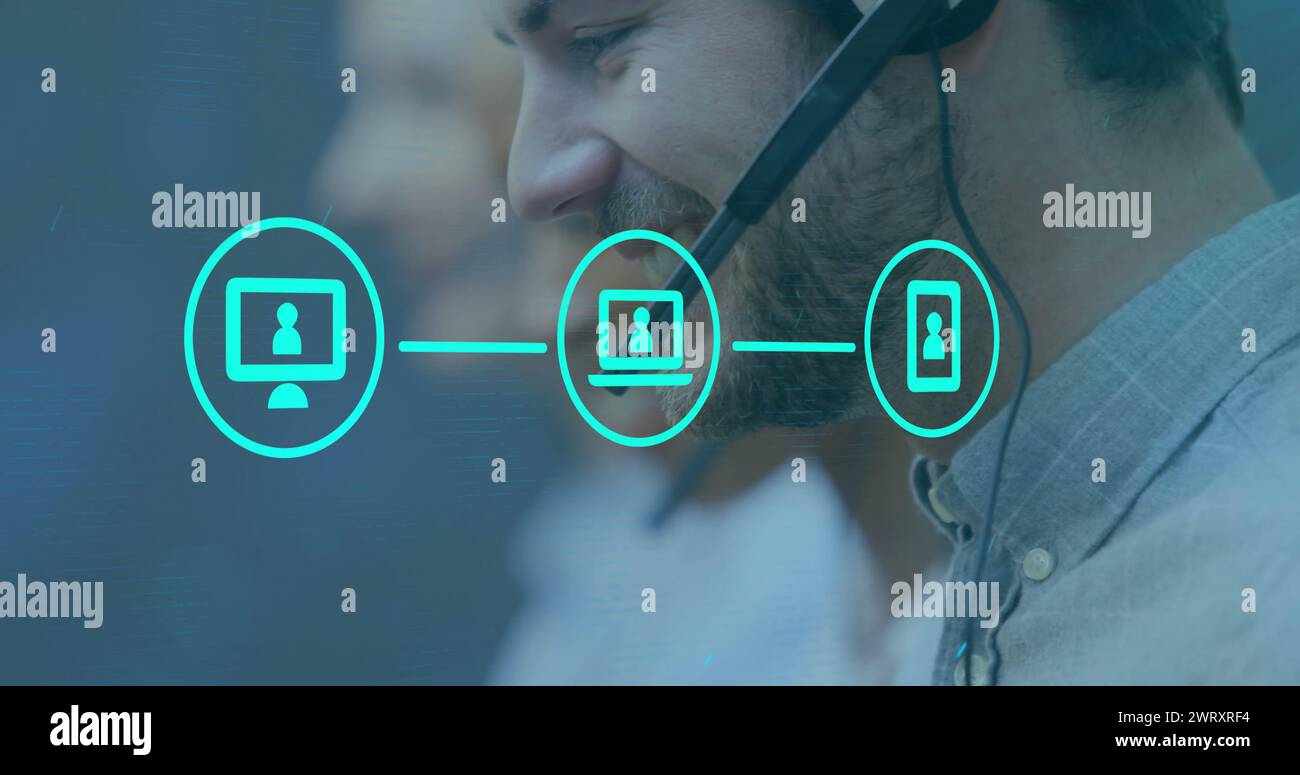 Image of media icons over diverse business people using phone headsets ...